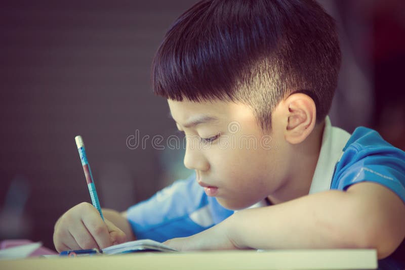 Young Asian Boy Doing His Homework Stock Photo - Image of student ...