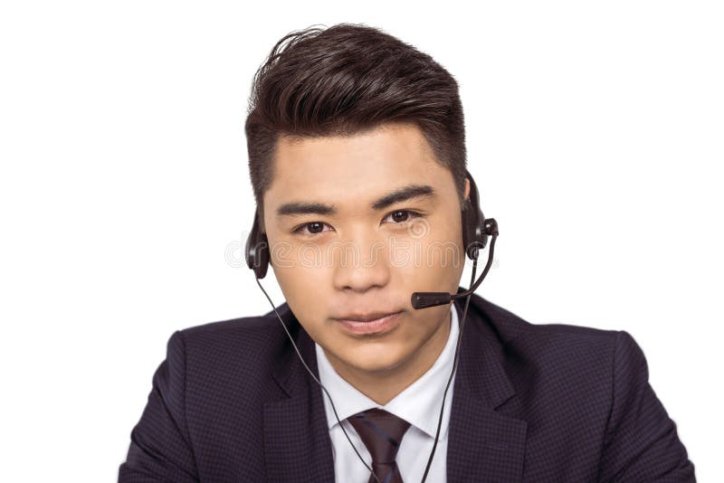 Young Asian Call Center Operator in Headset Looking at Camera Stock ...