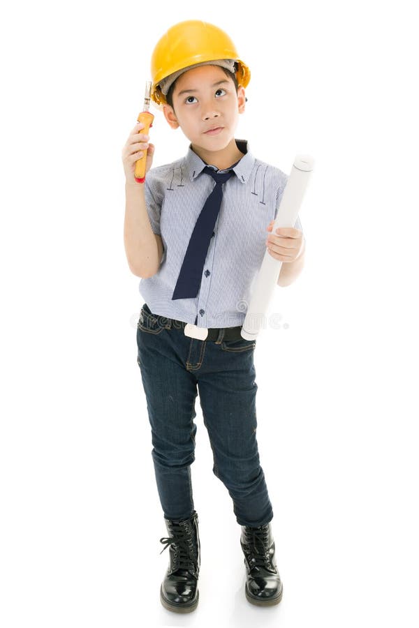 Young Asian Child Construction Engineer Holding Equipment Stock Photo ...