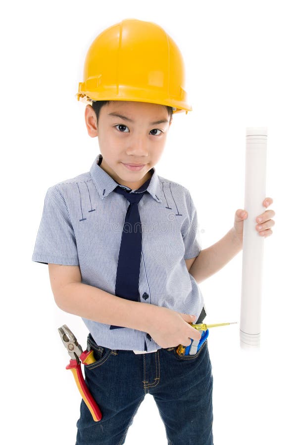 Young Asian Child Construction Engineer Holding Equipment Stock Photo ...