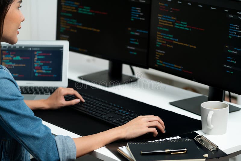 Young Asian in it Creating with Typing Online Information on Pc. Stratagem. Stock Photo - Image ...