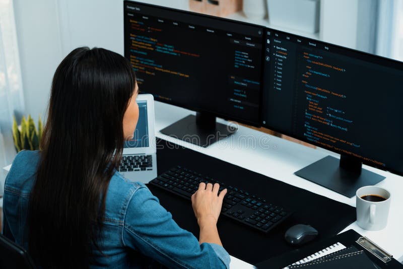 Young Asian in it Creating with Typing Online Information on Pc. Stratagem. Stock Photo - Image ...