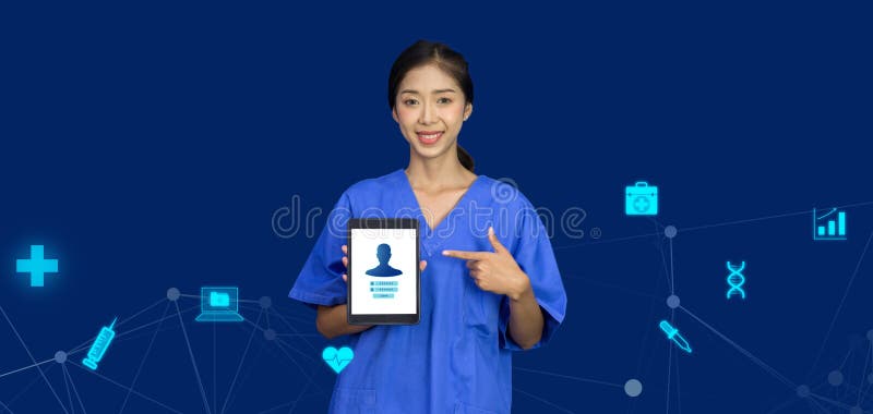 Young Asian Doctor in Blue Uniform Pointing at Tablet Computer with User Login Page Display on ...