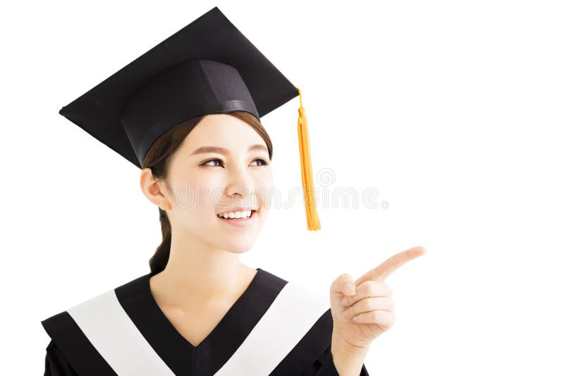 Young Asian Female Graduation Student Pointing and Looking Stock Photo ...