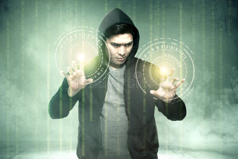 Young Asian Hacker In Black Hoodie Touching Virtual Screen With Binary ...
