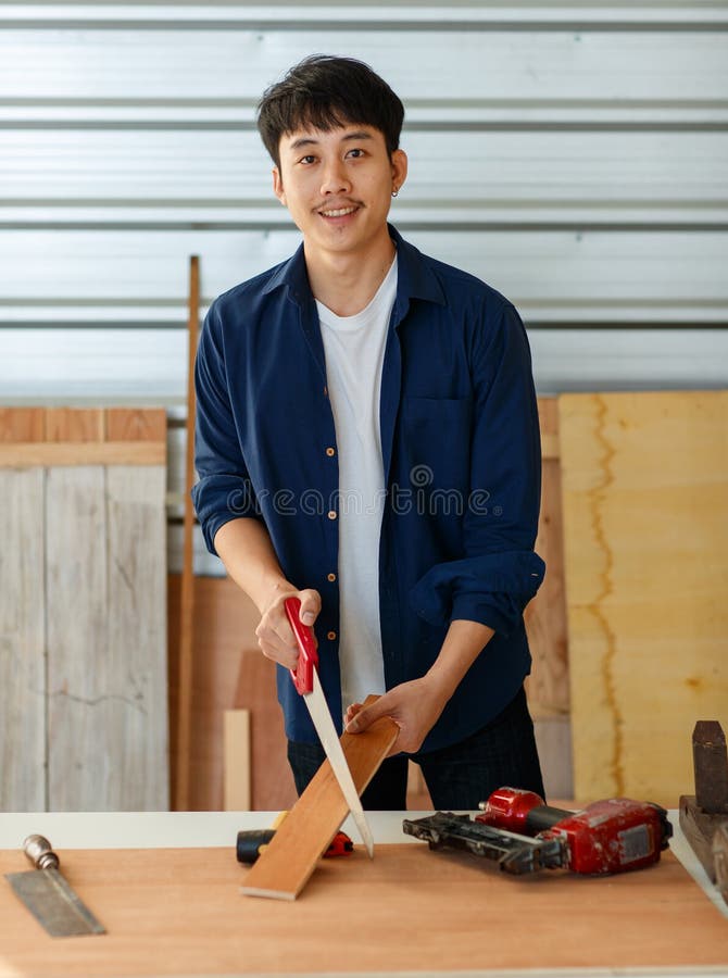 Young Asian Man Carpenter Standing on Diy Room Ready To Work Stock ...