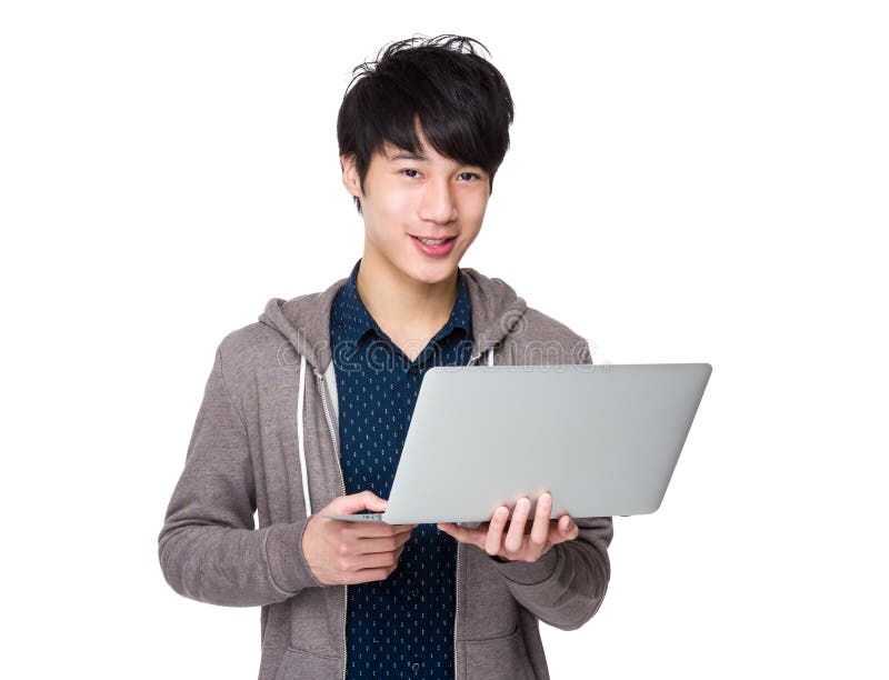 Young Asian Man Holding Laptop Computer and Work Stock Photo - Image of ...
