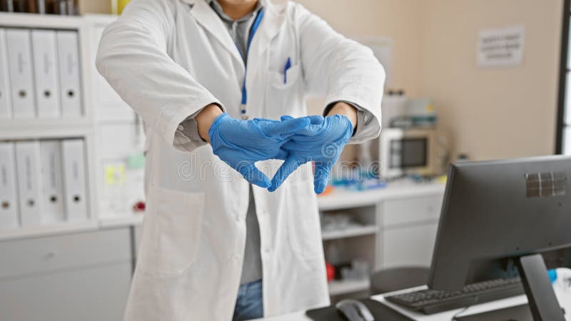 A Young Asian Man in a Lab Coat Putting on Blue Gloves in a Laboratory ...