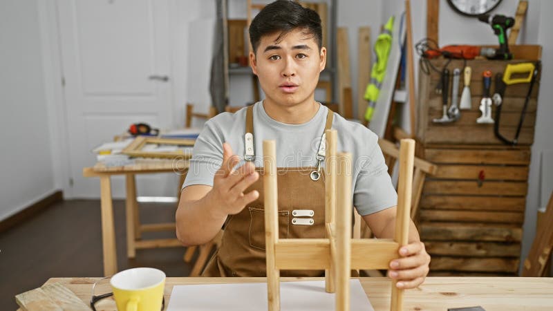 A Young Asian Man Works in a Carpentry Workshop, Showing Craft, Skill ...