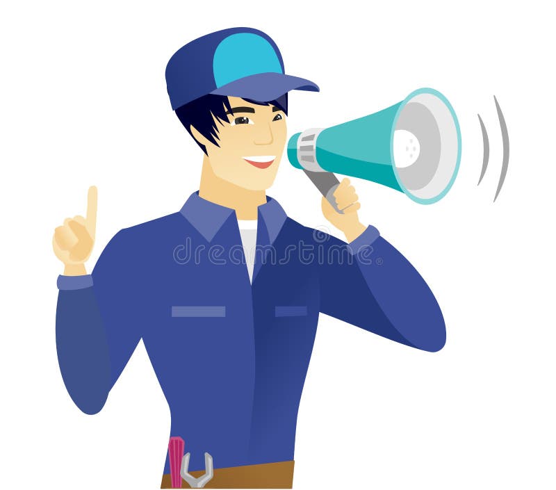 Young Asian Mechanic Making Announcement . Stock Vector - Illustration ...