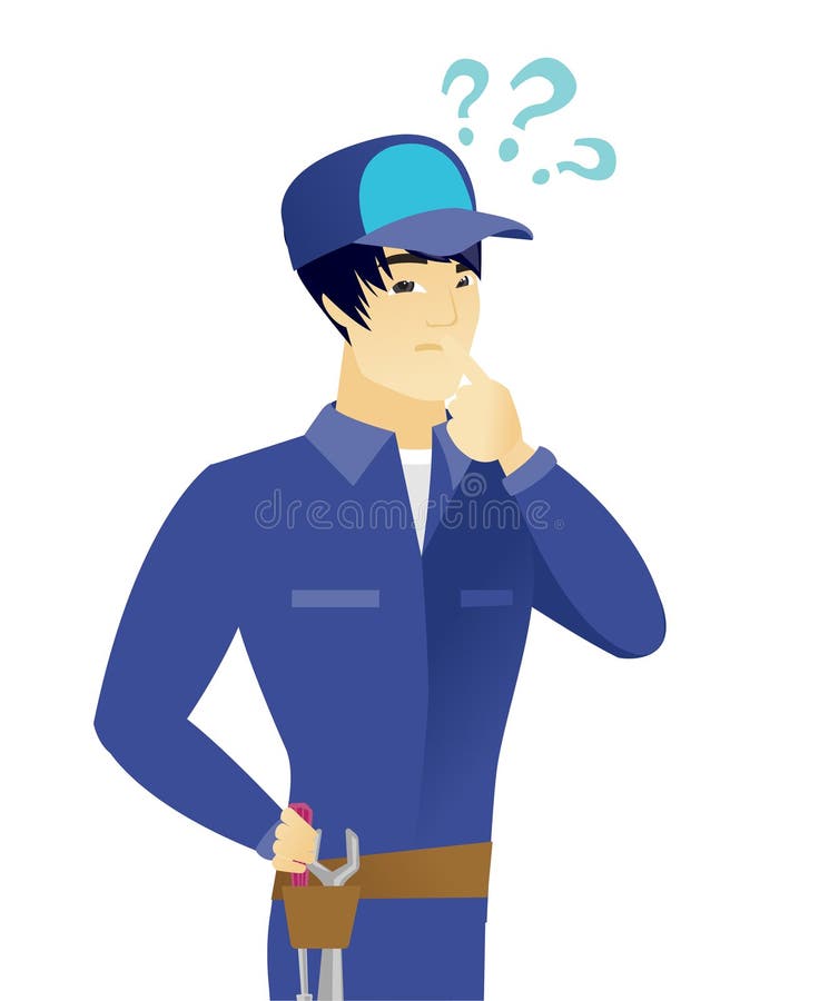 Young Asian Mechanic with Question Marks. Stock Vector - Illustration ...