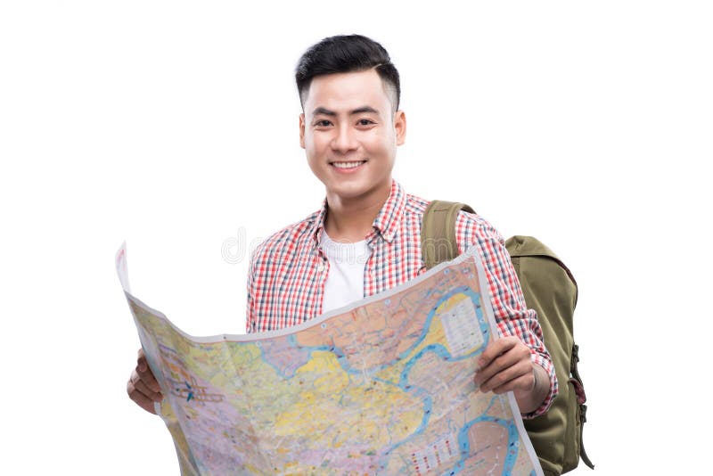 Young Asian Traveler Holding Map Isolated Stock Image - Image of ...