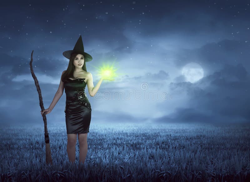 Young Asian Witch with Broom and Magic Spell Stock Image - Image of ...