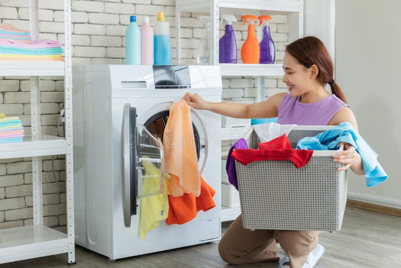 Young Asian Woman Loading the Laundry Stock Image - Image of chore ...