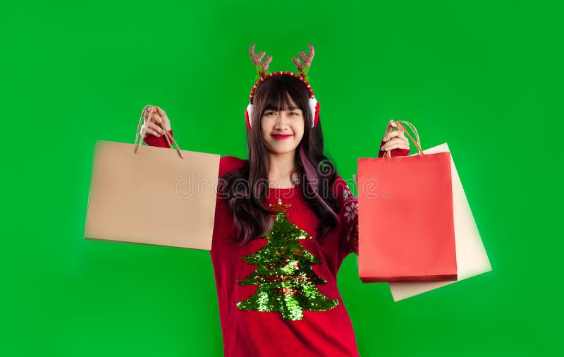 Young Asian Woman Long Hair Style In Red Sweatshirt With Christmas