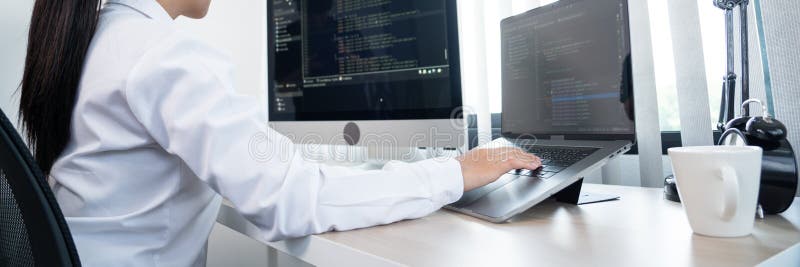 Programmer Typing Code On Desktop Computer Developing Programming And