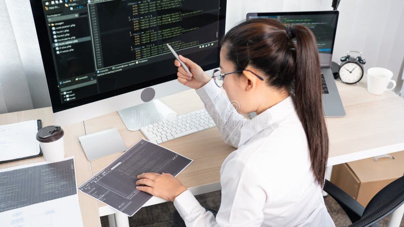 Programmer Typing Code On Desktop Computer Developing Programming And
