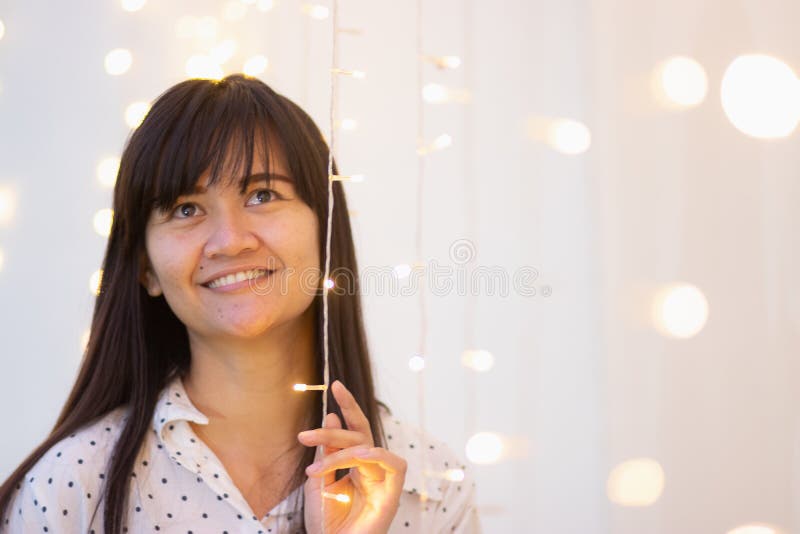 Young Asian Woman Smiling in LED Lights Stock Photo - Image of woman ...