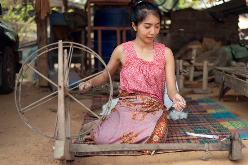 Young Asian Woman Spinning Cotton Thread Stock Image - Image of concept ...