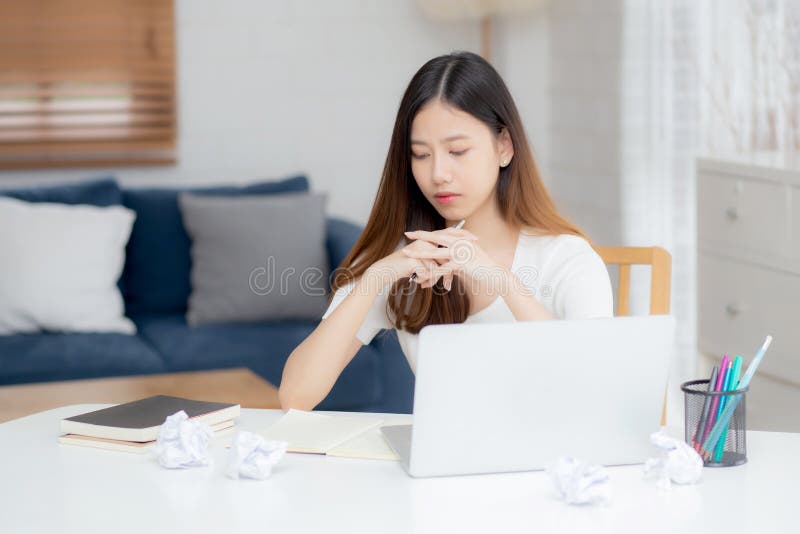 Young Asian Woman Working with Laptop Computer Think Idea Project and ...