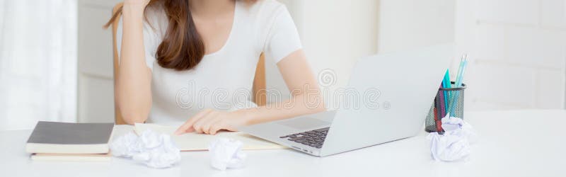 Young Asian Woman Working with Laptop Computer Think Idea Project and ...