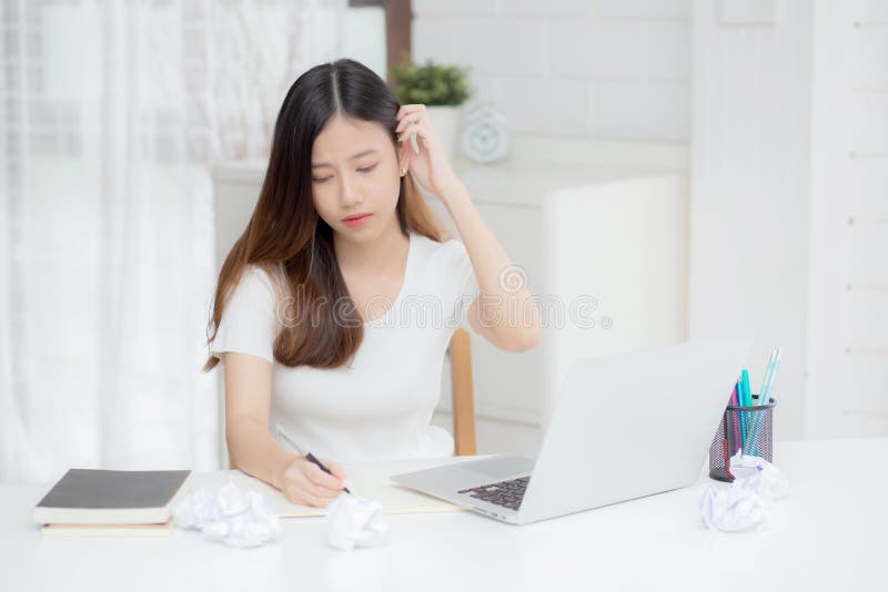 Young Asian Woman Working with Laptop Computer Think Idea Project and ...