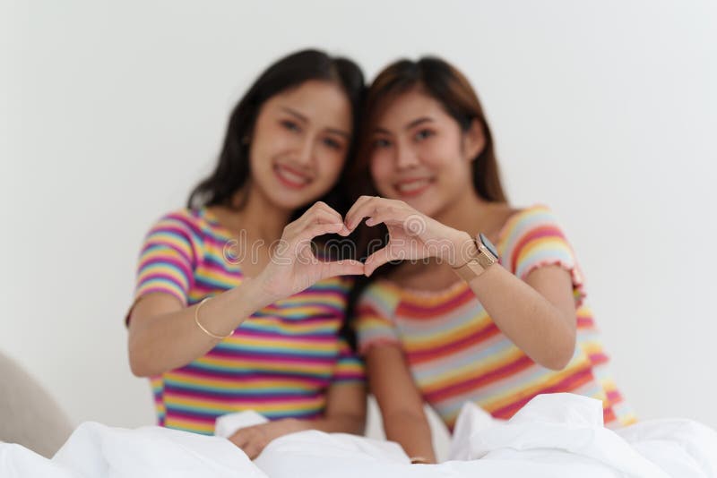 Young Asian Women Lgbt Lesbian Couple Love Moments Happiness At Bedroom