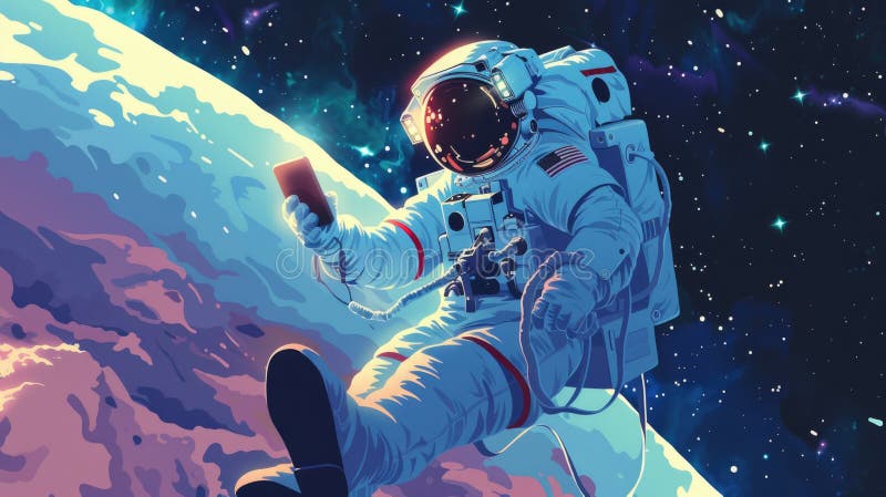 Young Astronaut Floating in Space in Zero Gravity. Spaceman Using a ...