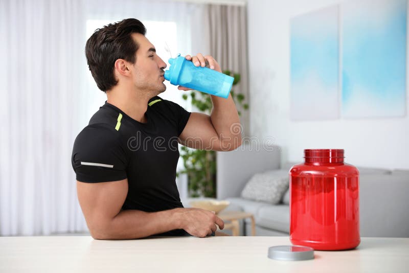 Young Athletic Man Drinking Protein Shake Stock Image - Image of diet ...