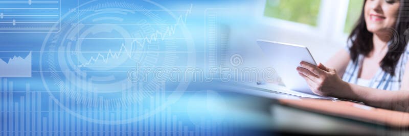 Young Attractive Businesswoman Using a Tablet, Light Effect Panoramic ...