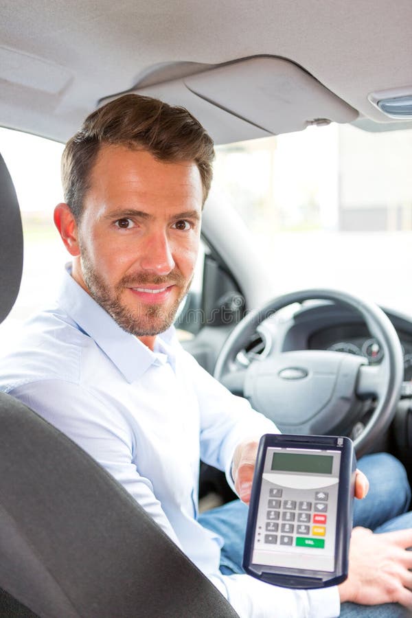 Young Attractive Driver Ask Customer for Payment in Car Stock Image ...