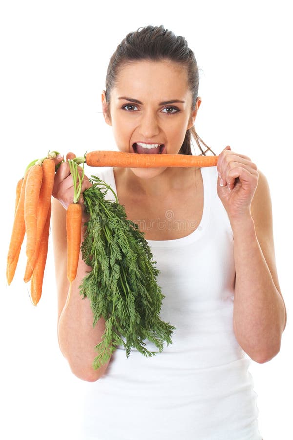 Young Attractive Female Eat Carrots, Isolated Stock Photo - Image of ...