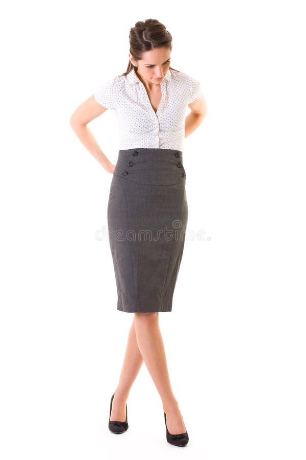 Young Attractive Female Fixes Her Skirt, Isolated Stock Photo - Image ...