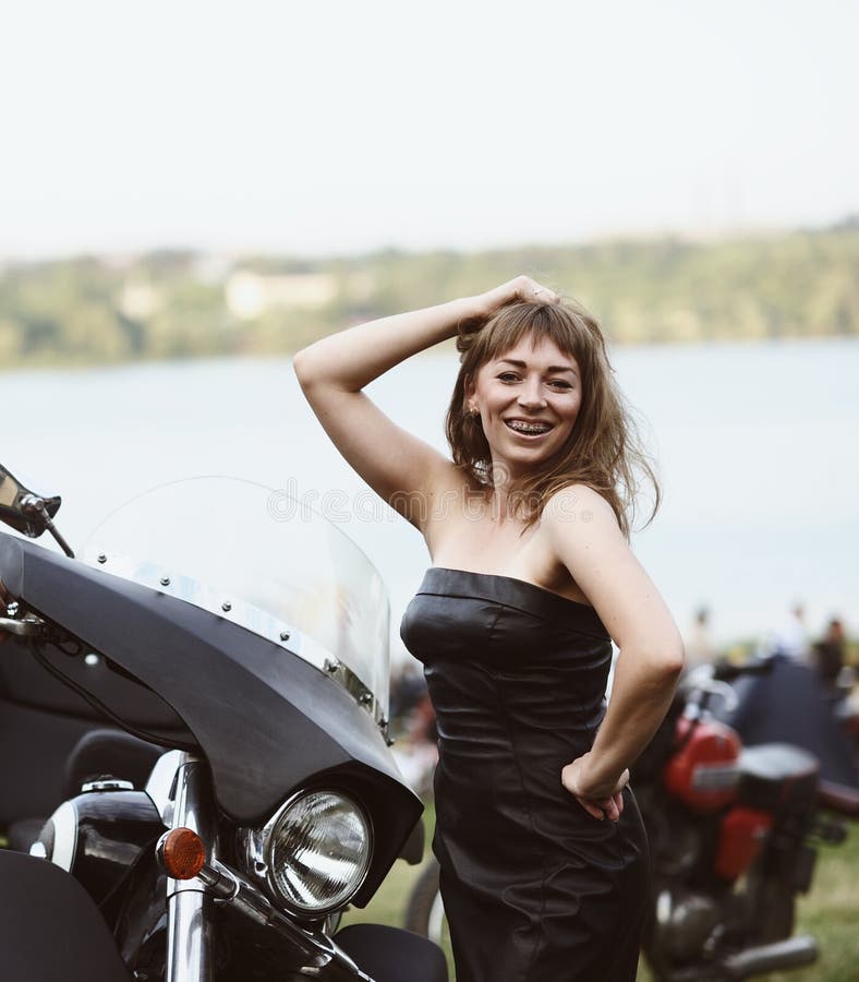 Teenager Girl Drive Blue Motorcycle Stock Photo - Image of portrait ...