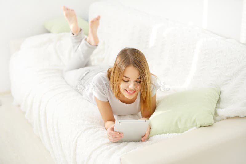 Young Attractive Girl with Tablet Pc Stock Photo - Image of relax ...