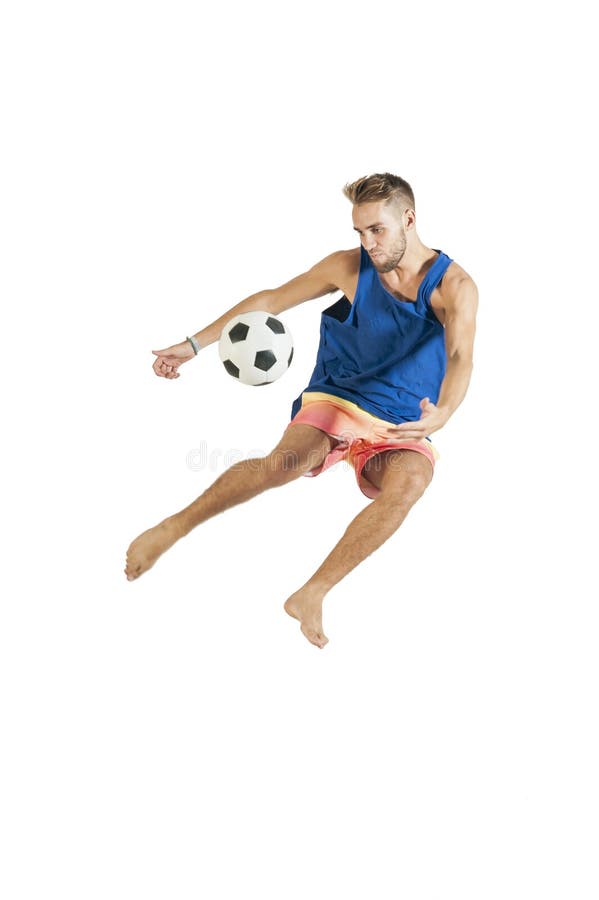 Young Attractive Guy Playing with Football Stock Image - Image of jump ...