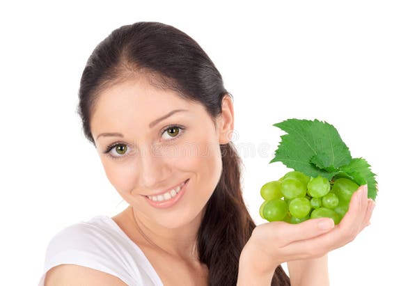 Young Attractive Lady with Green Grape Cluster Stock Photo - Image of ...