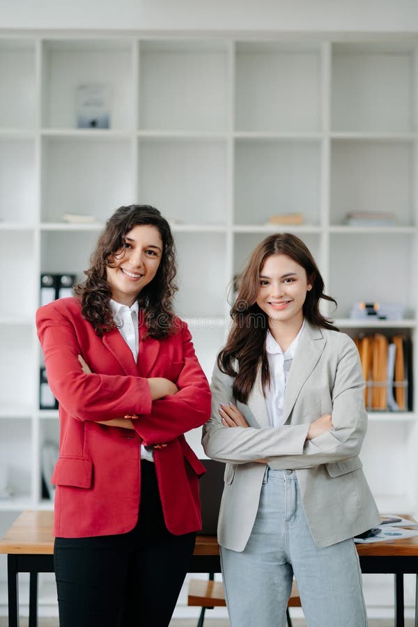Young Attractive Two Female Office Worker Business Suits Smiling at ...