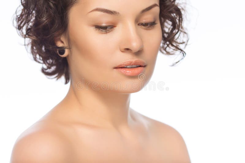 Young Attractive Woman Looks Downwards Stock Image - Image of looks ...