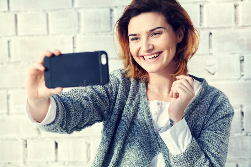 Young Attractive Woman Taking Selfie Photo at Home. Stock Image - Image ...