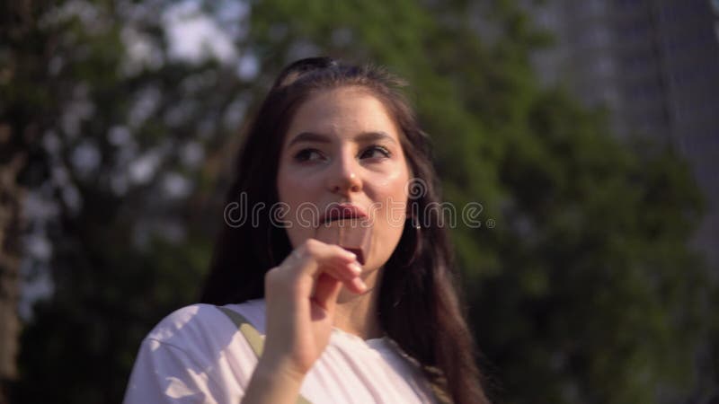 Summer Walking At City Park Attractive Happy Woman Eating Ice Cream