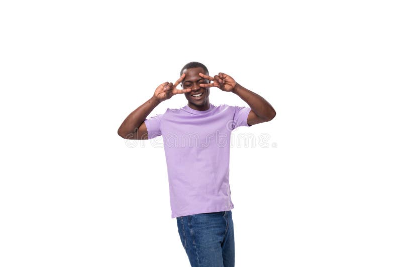 Young Authentic Slender American Guy Dressed in Light Lilac T-shirt and ...