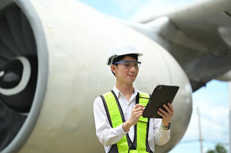 Young Aviation Engineer or Inspector Standing in Front of a Large ...