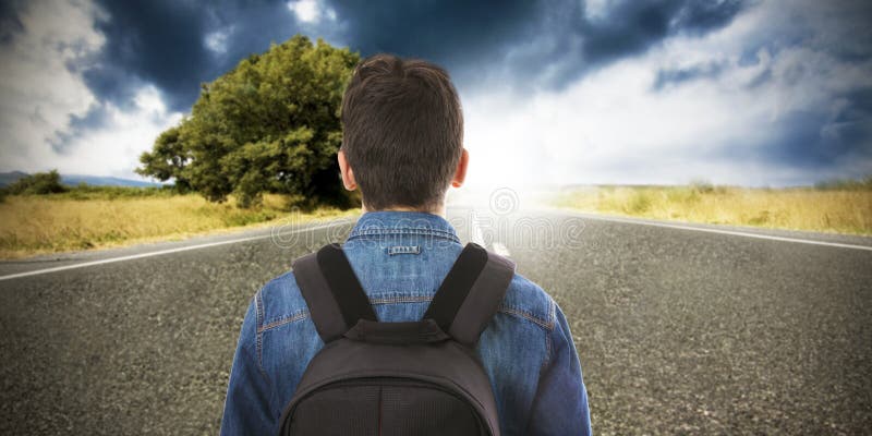 Young with Backpack on the Road Stock Image - Image of sunset, hiking ...