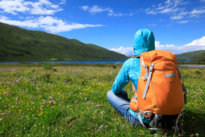Backpacking Woman Hiking in Mountains Stock Image - Image of carefree ...