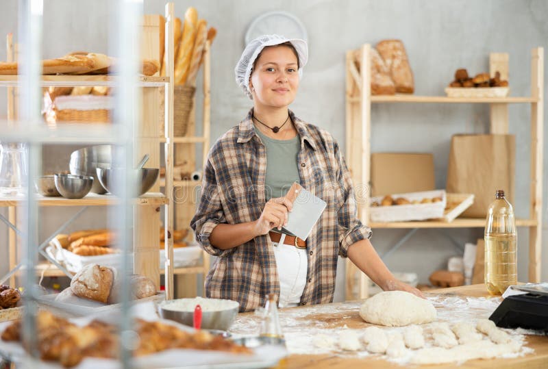 Young Baker Girl Standing Near Work Table Kitchen Working Dough Stock ...