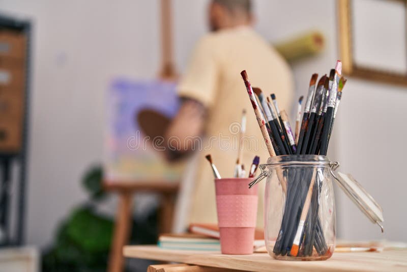 Young Bald Man Artist Drawing at Art Studio Stock Image - Image of ...