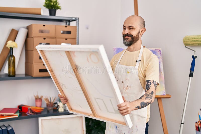 Young Bald Man Artist Smiling Confident Looking Draw at Art Studio ...