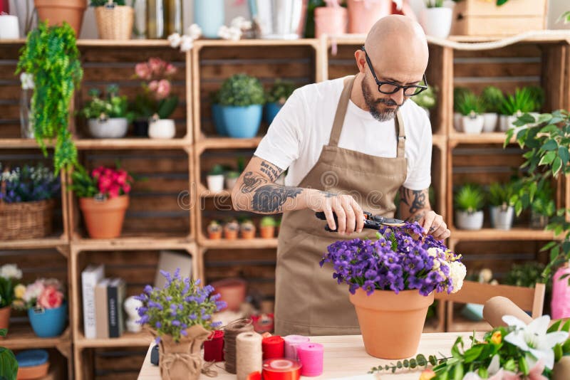 Young Bald Man Florist Cutting Plant at Florist Stock Image - Image of ...