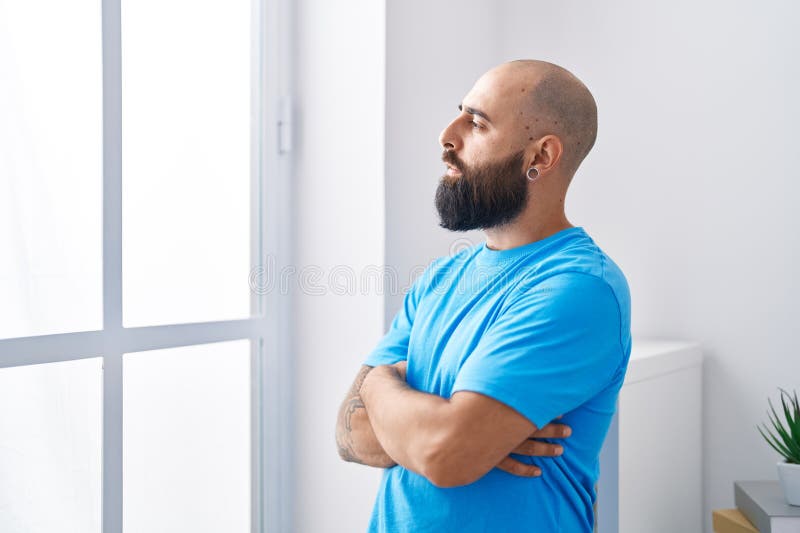 Young Bald Man Standing with Arms Crossed Gesture Stressed at Home ...